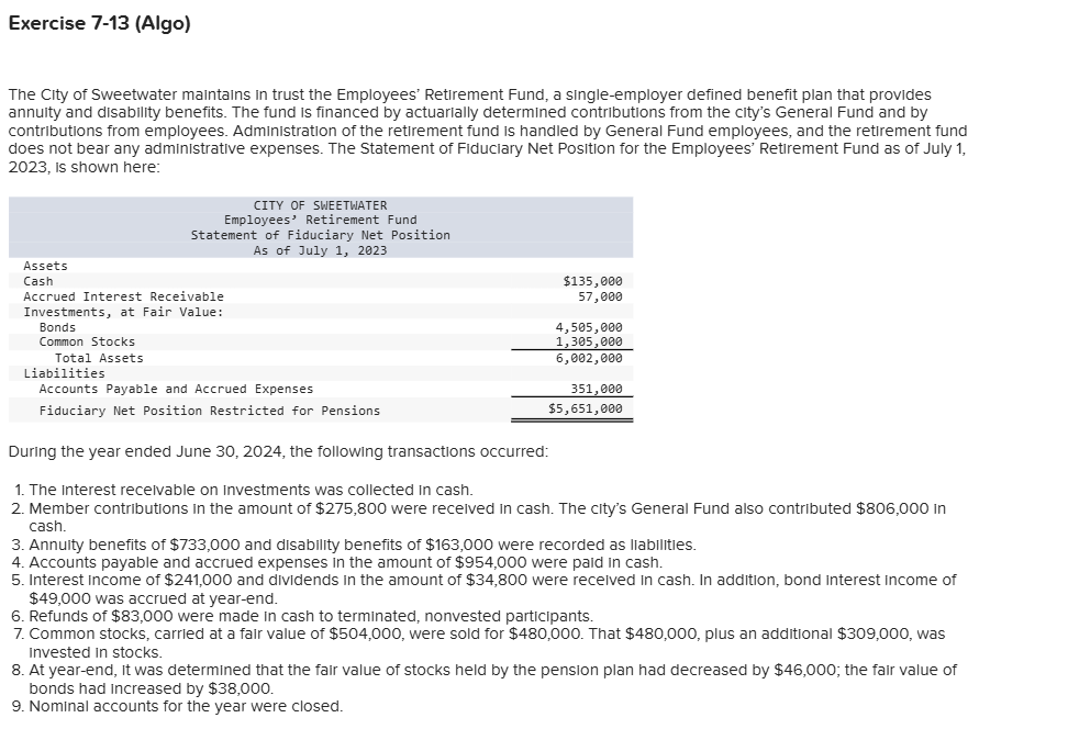 Solved Exercise 7-13 (Algo)The City of ﻿Sweetwater - | Chegg.com