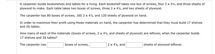 Solved A carpenter builds bookshelves and tables for a | Chegg.com