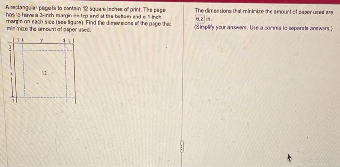 Solved A rectangular page is to contain 12 square inches of | Chegg.com