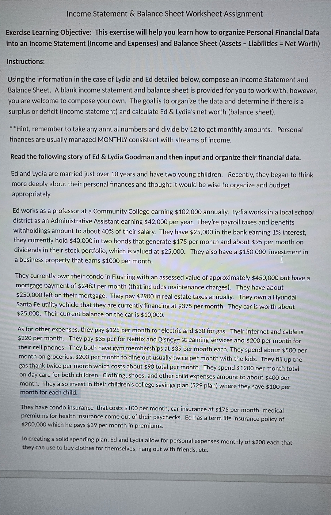 Solved Income Statement & Balance Sheet Worksheet | Chegg.com