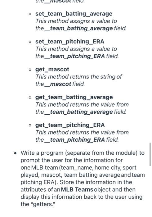 Solved Problem #3 - Professional Sports Team Class/MLB Teams | Chegg.com