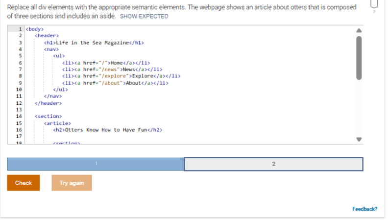 Solved Replace all div elements with the appropriate | Chegg.com