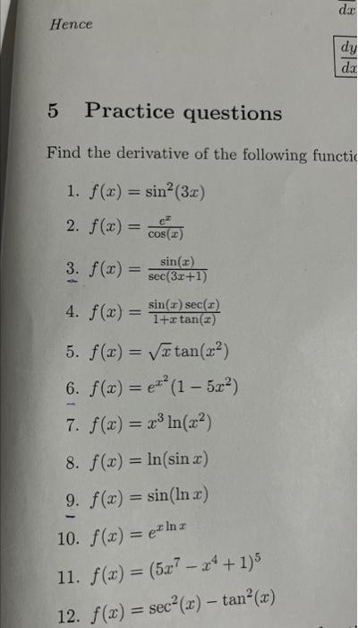 Solved 1. f(x)=sin2(3x) 2. f(x)=cos(x)ex5 Practice questions | Chegg.com