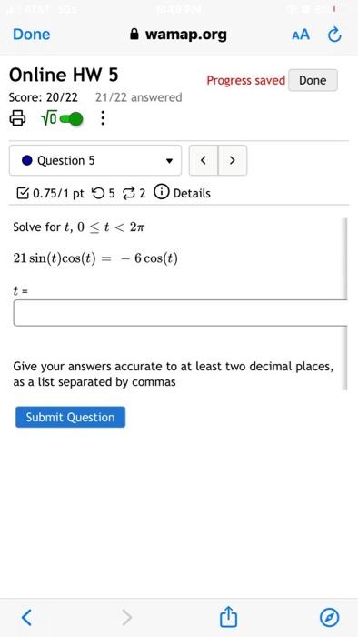 Solved Done wamap.org АА С Progress saved Done Online HW 5 | Chegg.com