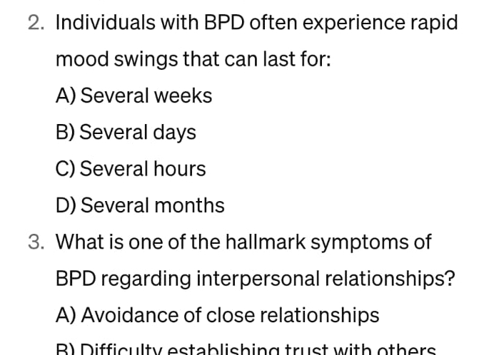 Solved Individuals with BPD often experience rapid mood | Chegg.com