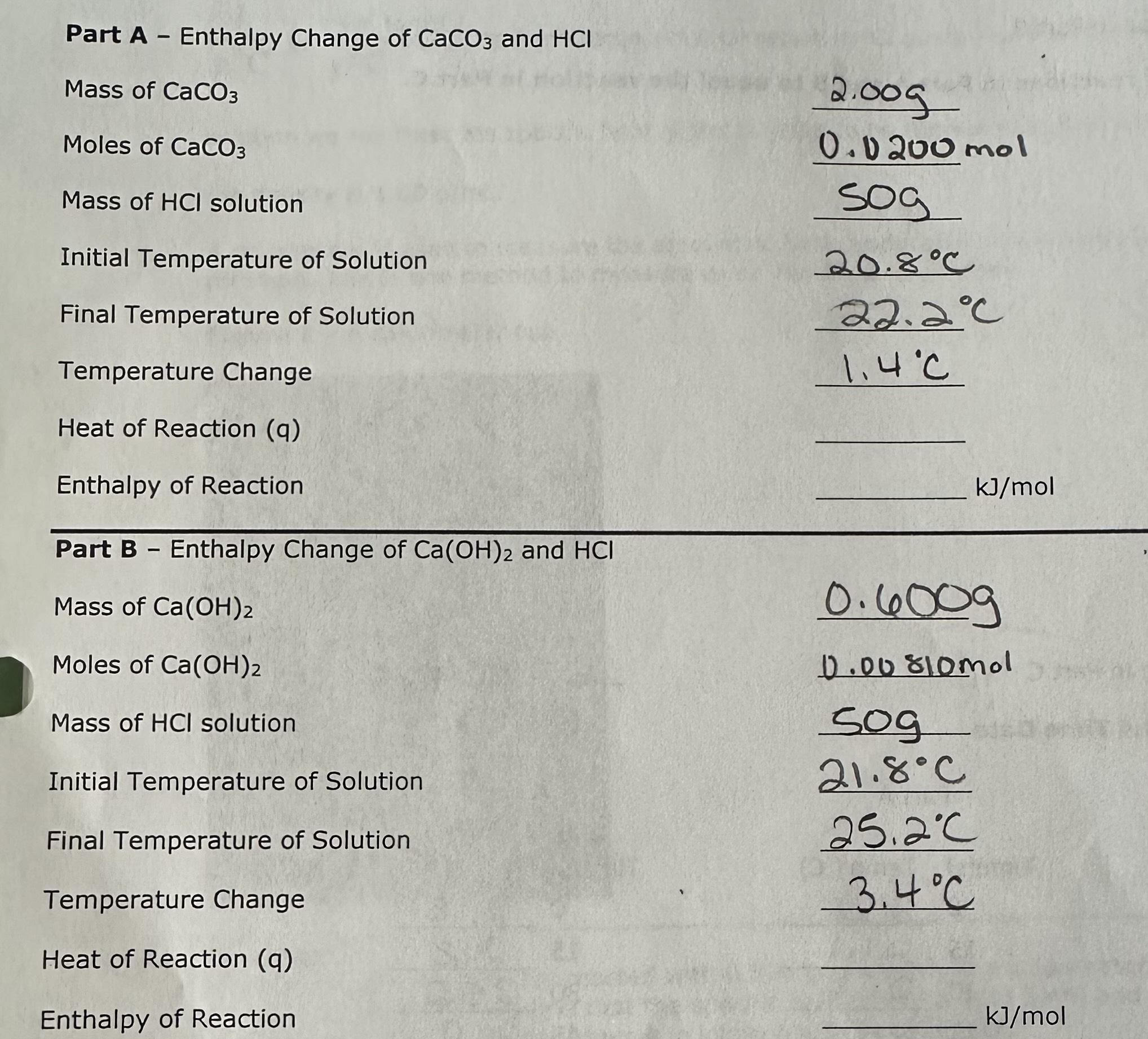 Solved Part B - ﻿Enthalpy Change of Ca(OH)2 ﻿and HClMass of | Chegg.com