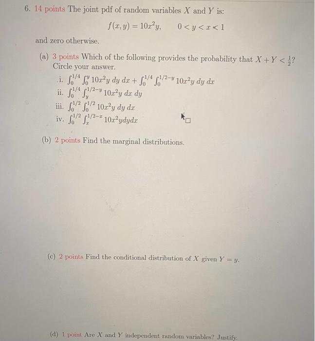Solved 6. 14 points The joint pdf of random variables X and | Chegg.com