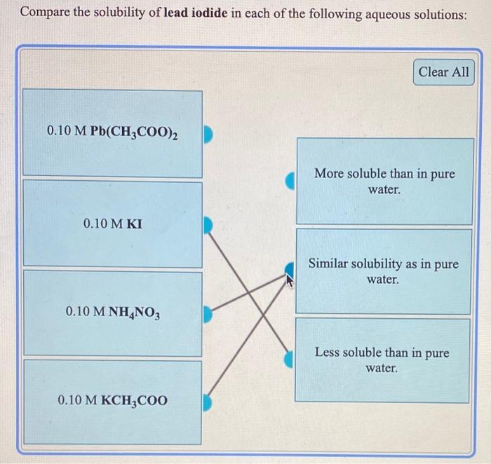 Solved Compare the solubility of lead iodide in each of the | Chegg.com