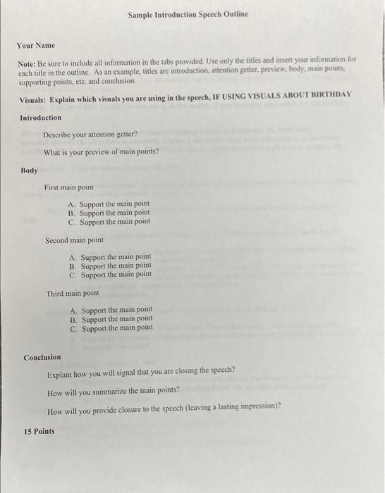 Sample Introduction Speech Outline Your Name Note: Be | Chegg.com