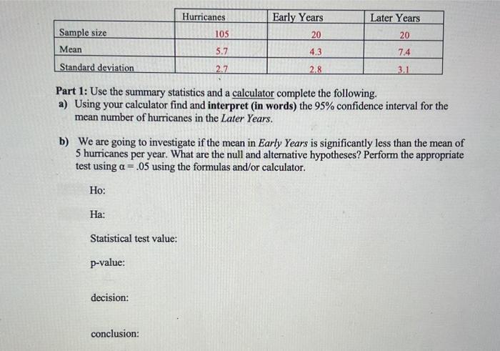 Solved Part 1: Use the summary statistics and a calculator | Chegg.com