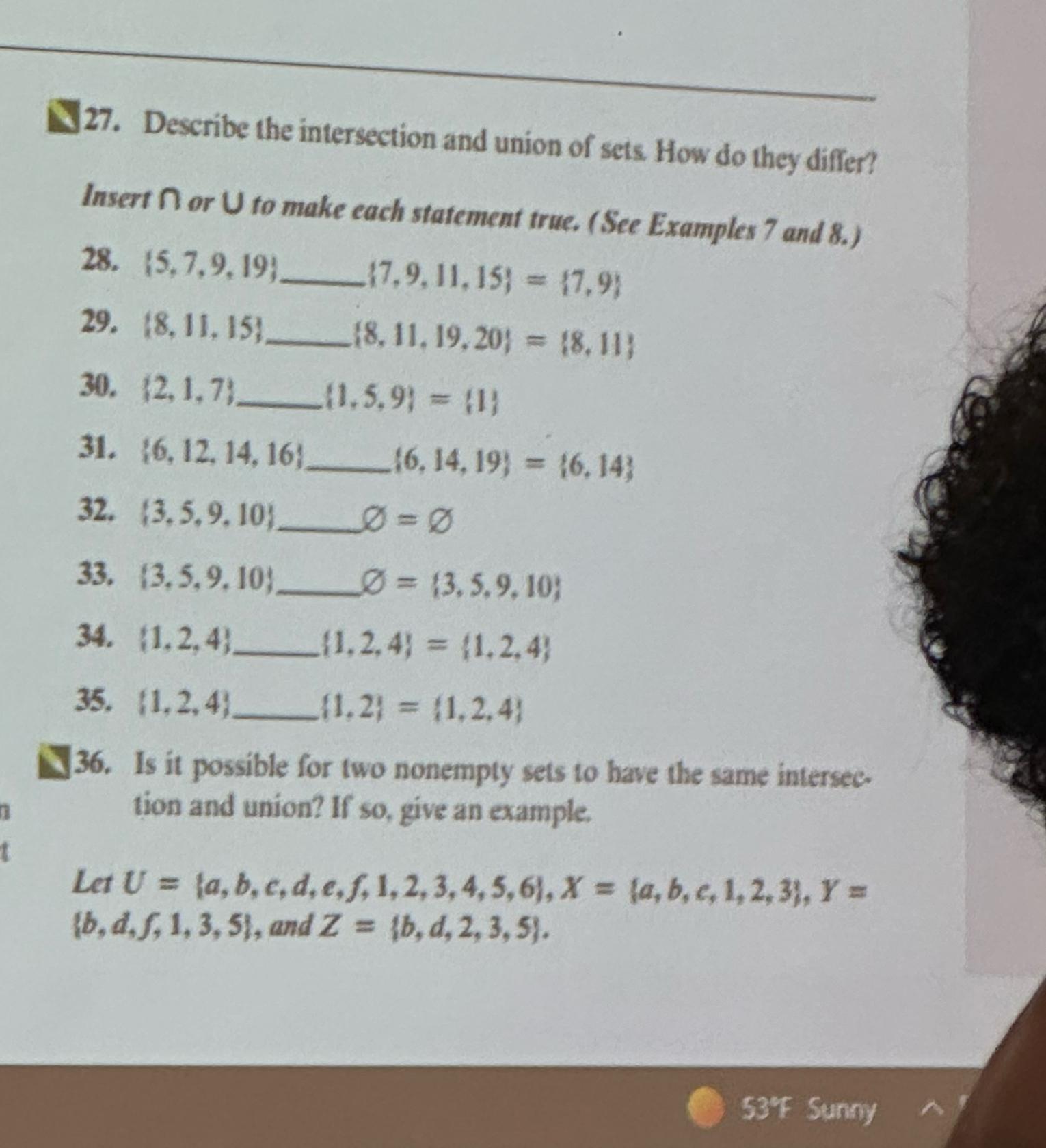 Solved Describe the intersection and union of sets. How do | Chegg.com