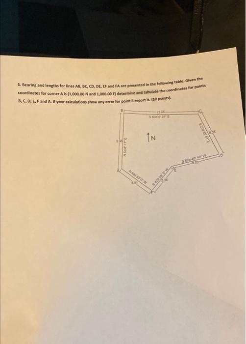 6. Bearing and lengths for lines AB,BC,CD, DE, EF and | Chegg.com