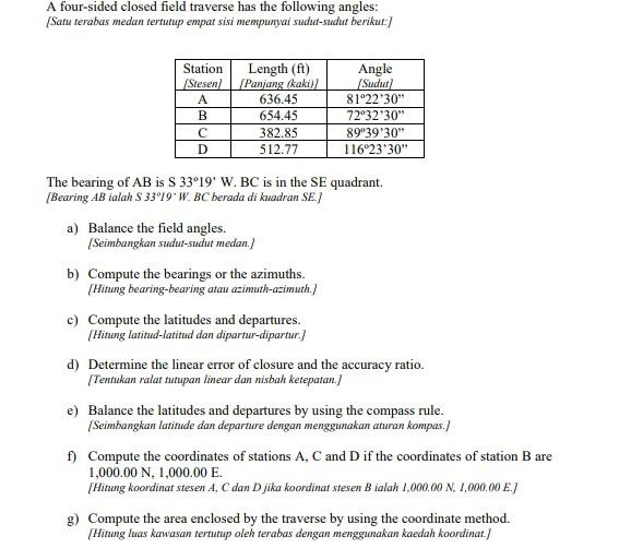 Solved A four-sided closed field traverse has the following | Chegg.com