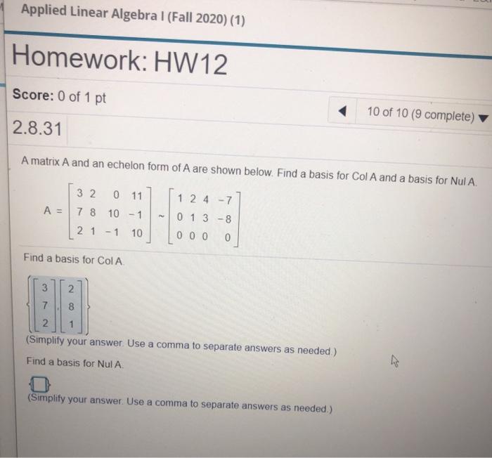 Solved Applied Linear Algebra 1 (Fall 2020) (1) Homework: | Chegg.com