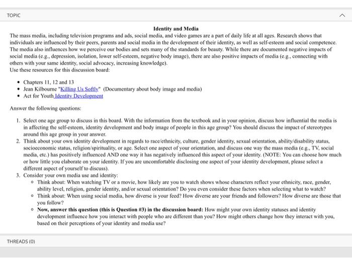 Solved Identity and Media The mass media, including | Chegg.com