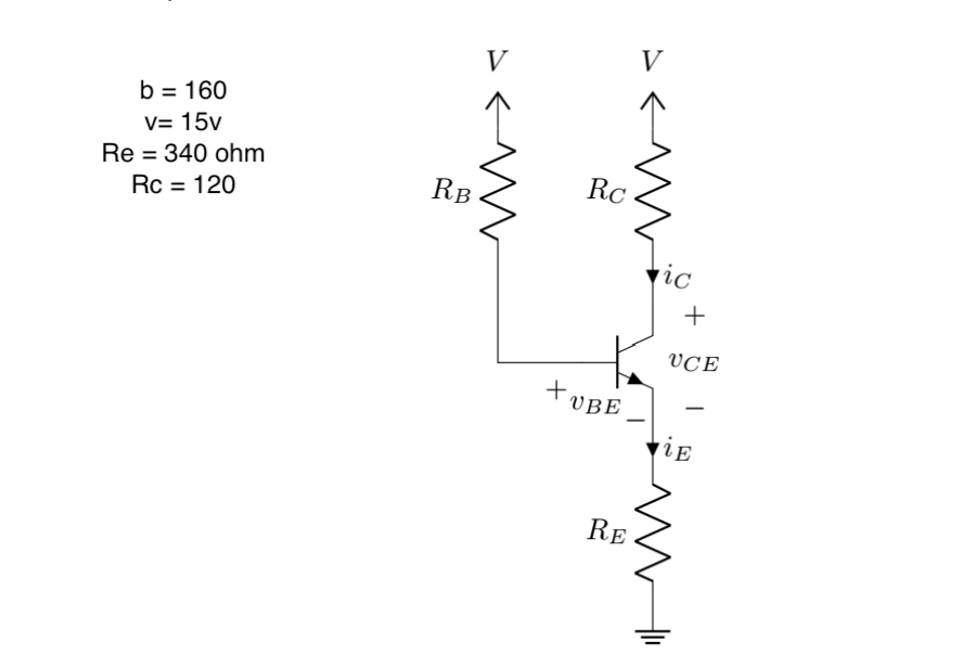 Solved b=160v=15vRe=340 ﻿ohm Rc=120Determine the value of RB | Chegg.com