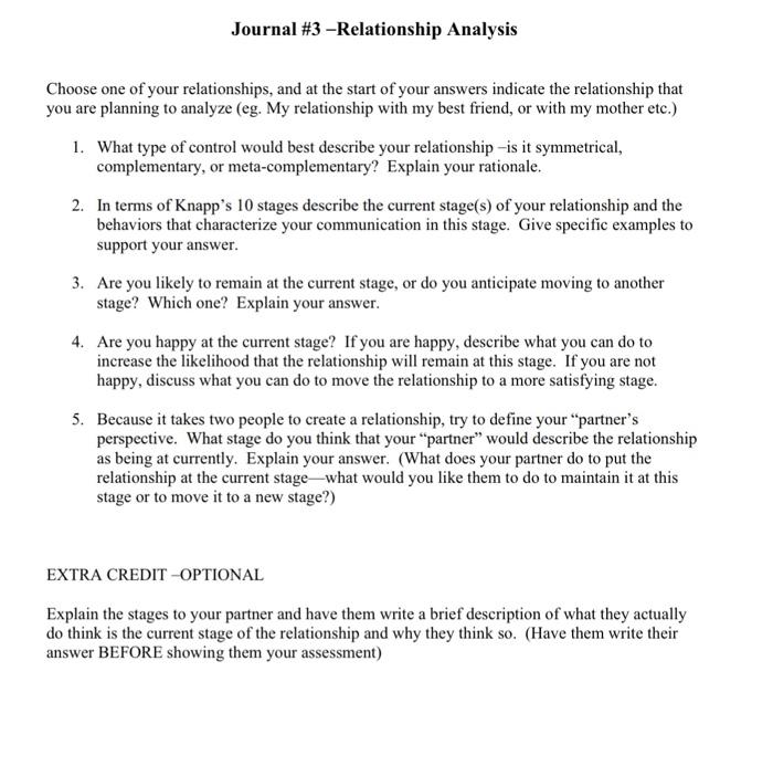 Journal #3 -Relationship Analysis Choose one of your | Chegg.com