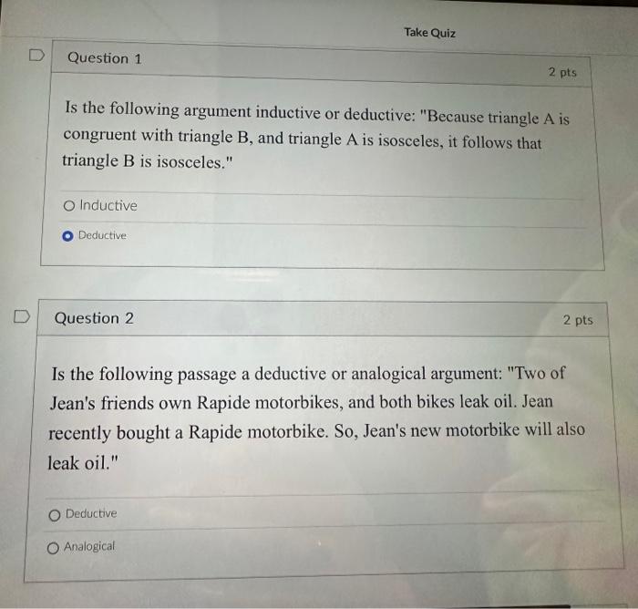 Is the following argument inductive or deductive: | Chegg.com