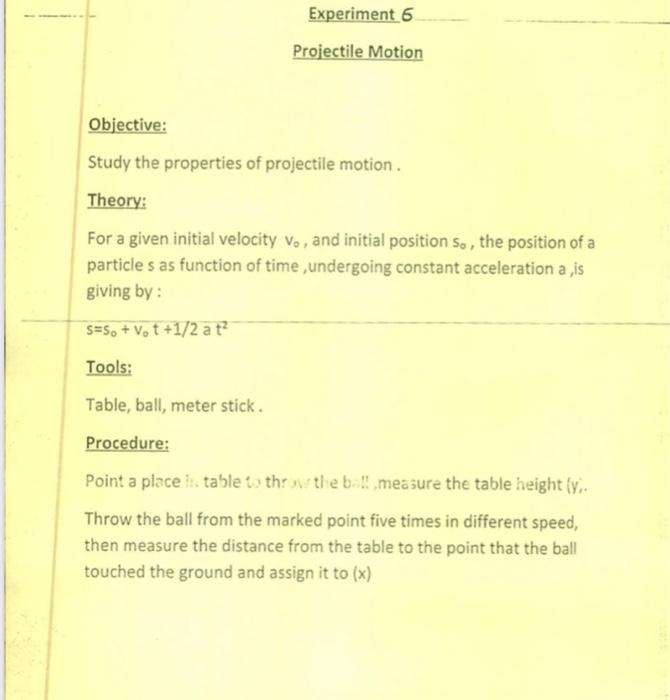 Experiment 6 Projectile Motion Objective: Study the | Chegg.com