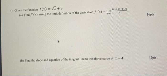 Solved 4) Given the function f(x)=x+3 (a) Find f′(x) using | Chegg.com