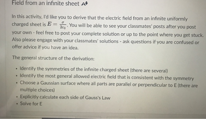 Solved Field from an infinite sheet A In this activity, I'd | Chegg.com