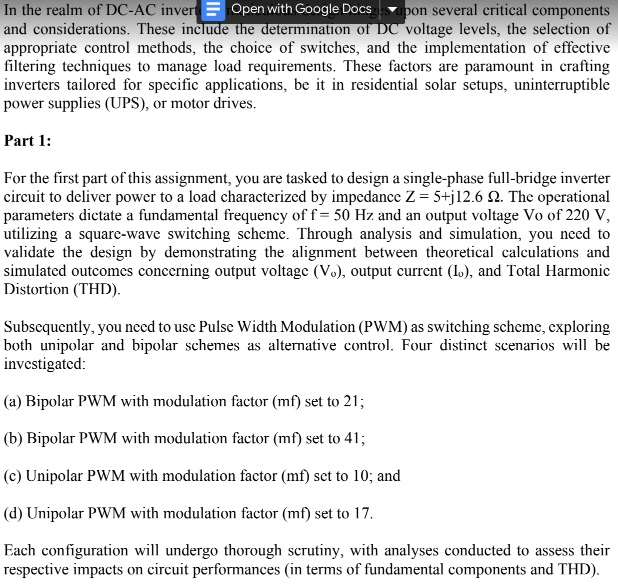 Solved In the realm of DC-AC inver -= ﻿Open with Google Docs | Chegg.com