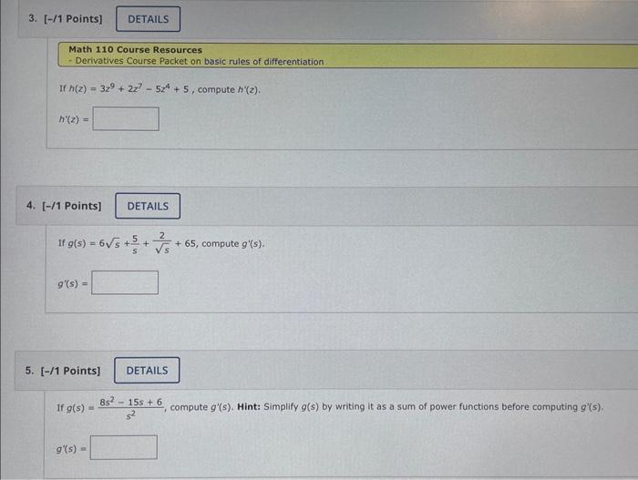 Solved Math 110 Course Resources - Derivatives Course Packet | Chegg.com