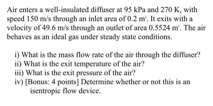 Solved Air enters a well-insulated diffuser at 95 kPa and | Chegg.com