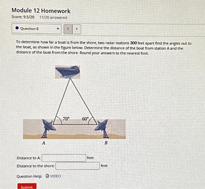 Solved To determine how far a boat is from the shore, two | Chegg.com