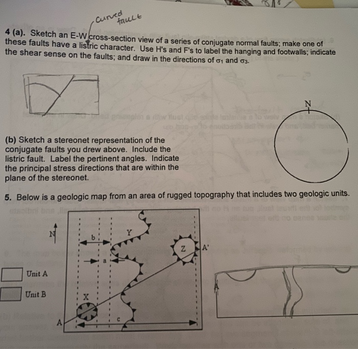 Solved Curved fault 4 (a). Sketch an E-W cross-section view | Chegg.com