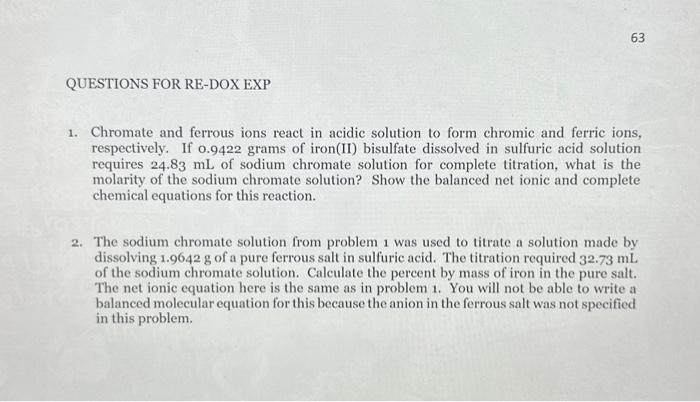 Solved 1. Chromate and ferrous ions react in acidic solution | Chegg.com