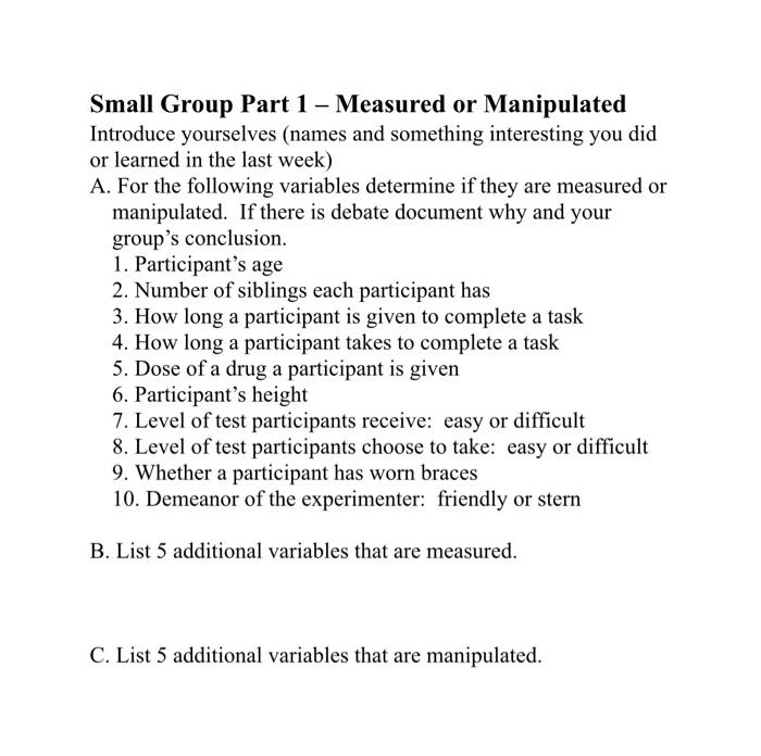 Solved Small Group Part 1 - Measured or Manipulated | Chegg.com