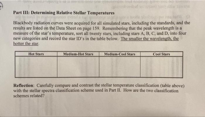 Solved Part III: Determining Relative Stellar Temperatures | Chegg.com