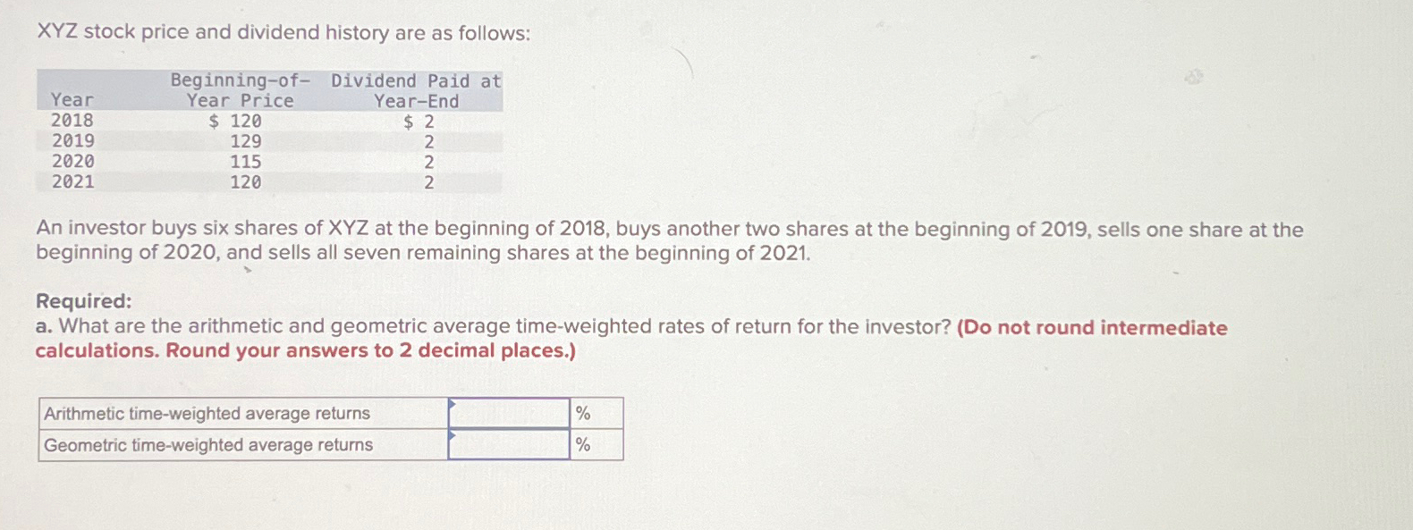 Solved XYZ stock price and dividend history are as | Chegg.com