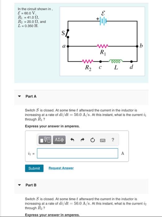 Solved In the circuit shown in. E=60.0 V,R1=41.0Ω,R2=20.0Ω, | Chegg.com