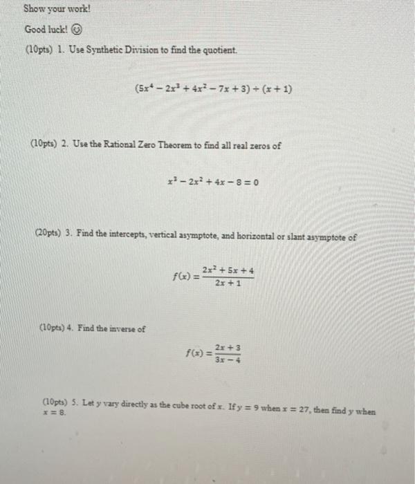 Solved Show your work! Good luck! ☺ (10pts) 1. Use Synthetic | Chegg.com Solved Show your work! Good luck! ☺ (10pts) 1. Use Synthetic | Chegg.com