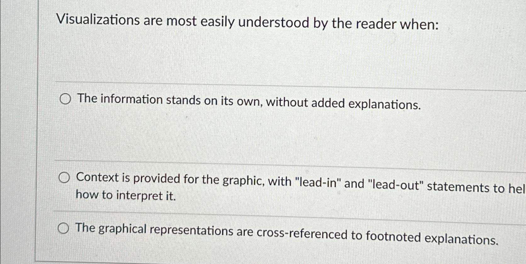 Solved Visualizations are most easily understood by the | Chegg.com