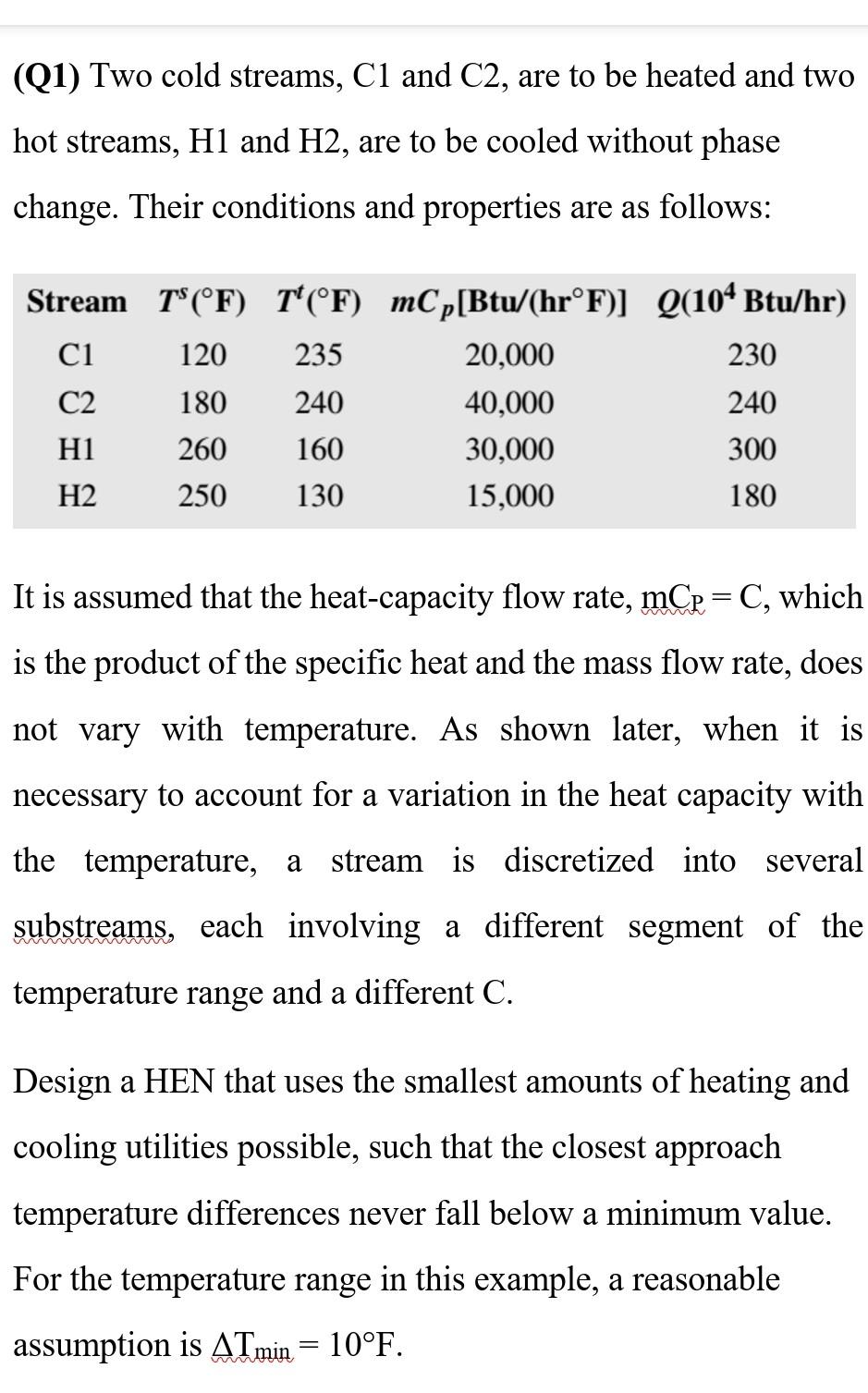 Solved (Q1) Two cold streams, C1 and C2, are to be heated | Chegg.com