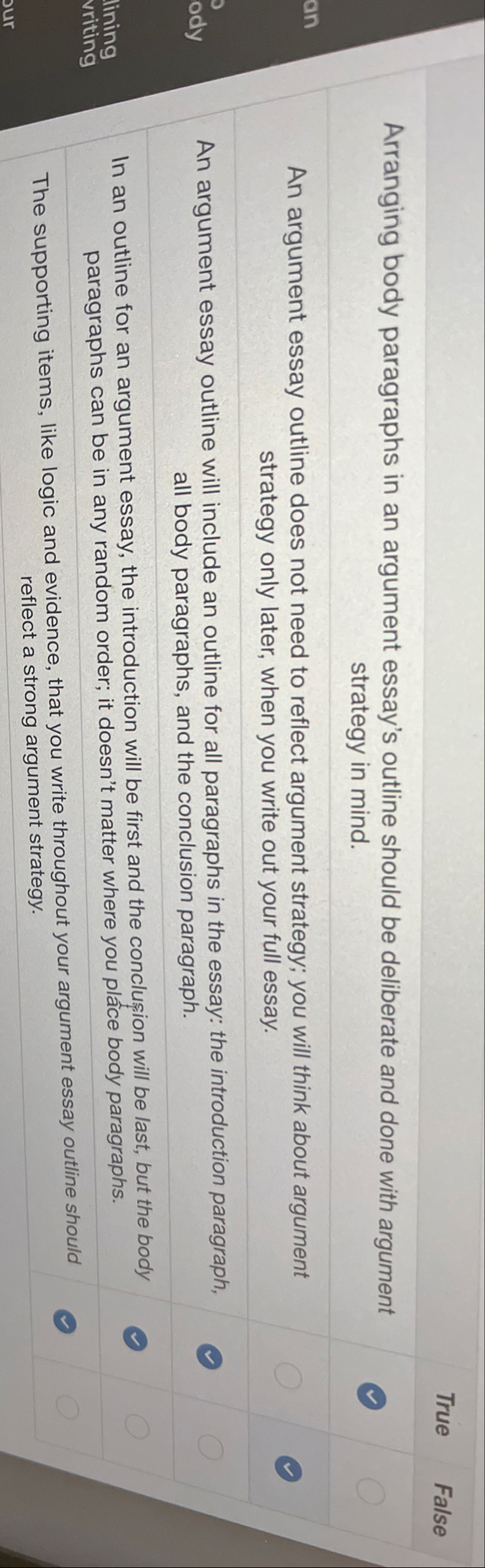 Solved TrueFalseArranging body paragraphs in an argument | Chegg.com