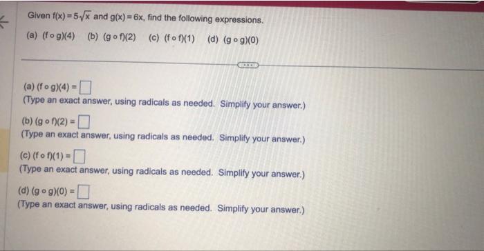 Solved Given f(x)=5x and g(x)=6x, find the following | Chegg.com