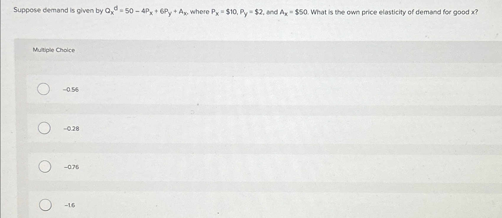 Solved Suppose demand is given by Qxd=50-4Px+6Py+Ax, ﻿where | Chegg.com