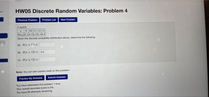 Solved HW05 Discrete Random Variables: Problem 1. Problem | Chegg.com