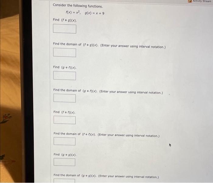Solved Consider the following functions. f(x)=x2,g(x)=x+9 | Chegg.com