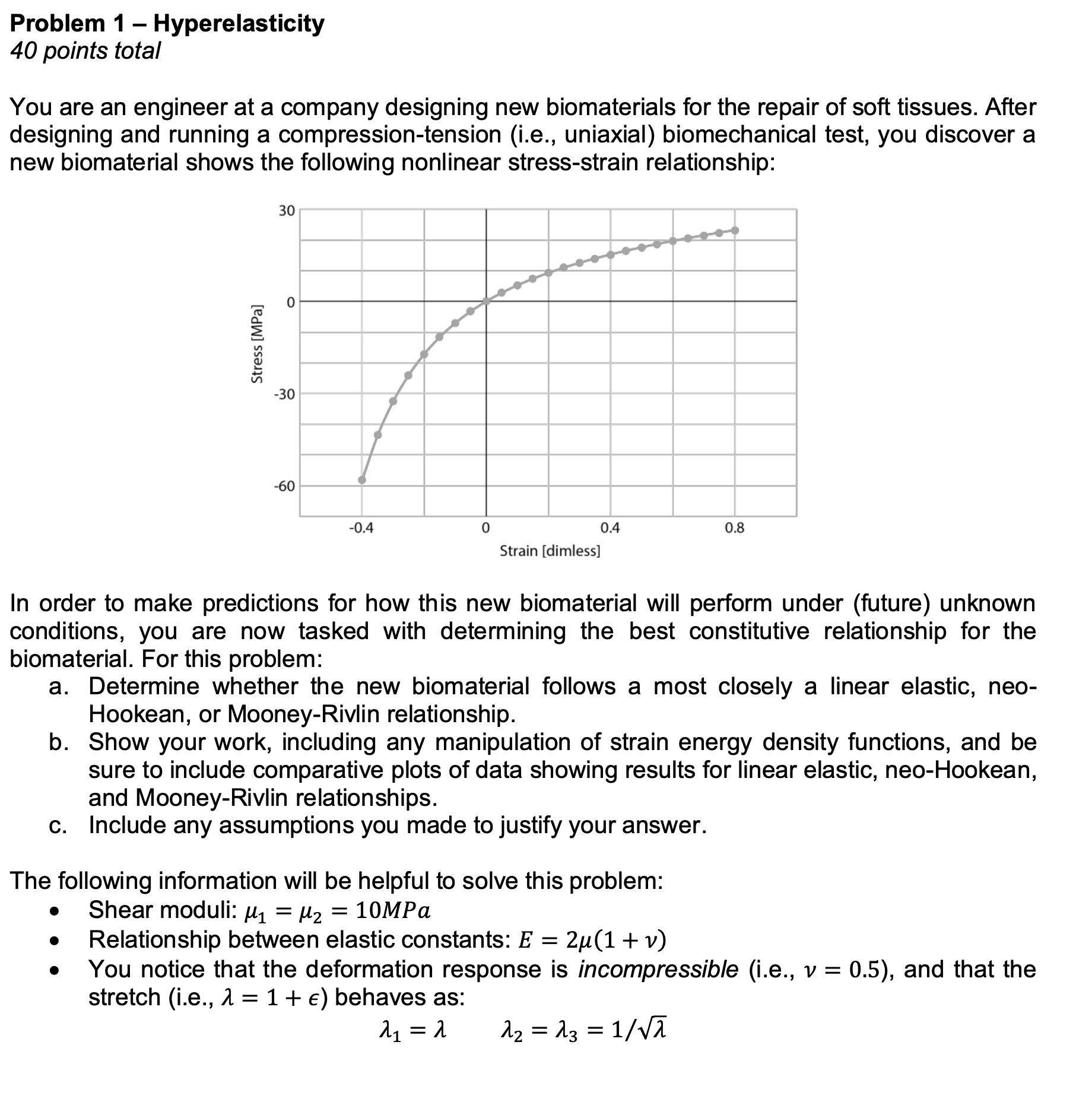 Solved Problem 1 - ﻿Hyperelasticity 40 ﻿points totalYou are | Chegg.com