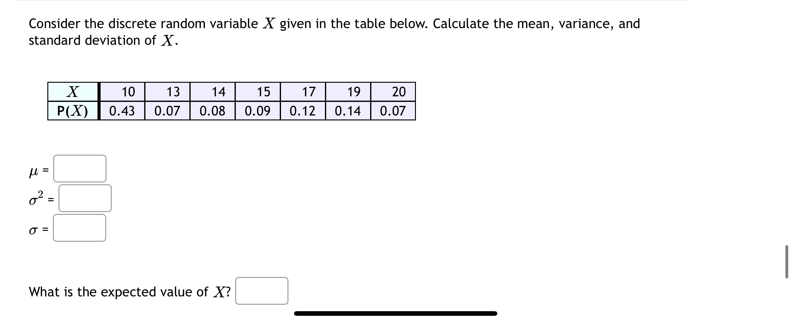 Solved Consider the discrete random variable x ﻿given in the | Chegg.com