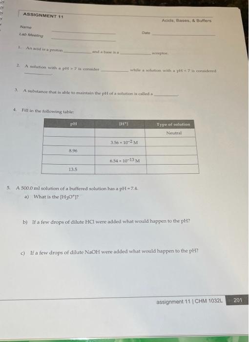 Solved ASSIGNMENT 11 Acids, Basea, 8 Buffers Narne Lab | Chegg.com