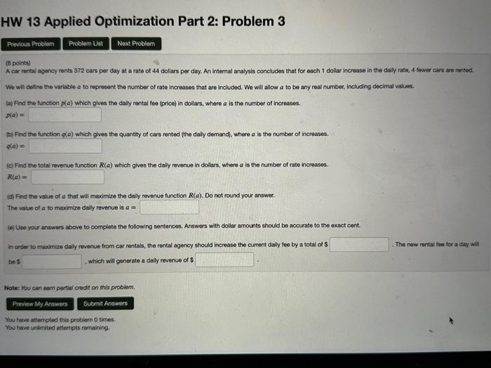 Solved (8 points) A car rontal agency rents 372 cars per day | Chegg.com