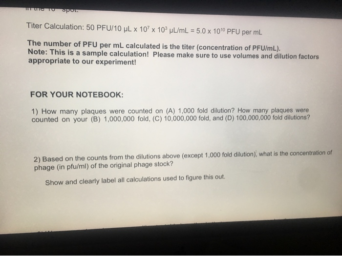 Solved Tv spou Titer Calculation: 50 PFU/10 UL x 10' x 10 | Chegg.com