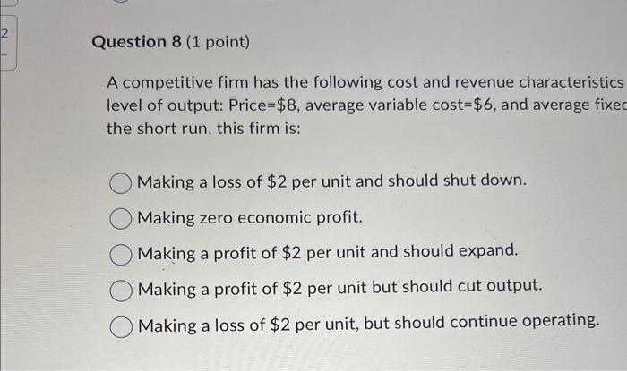 Solved A competitive firm has the following cost and revenue | Chegg.com