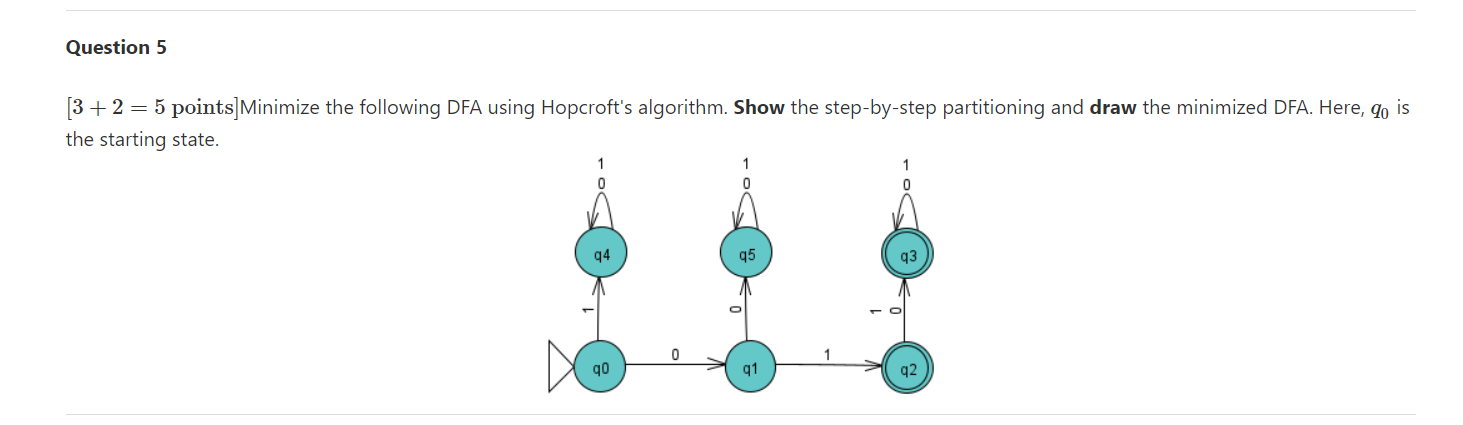 Solved Question 5 [3+2 = 5 points]Minimize the following DFA | Chegg.com